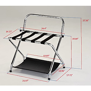 KB Designs - Chrome Metal Folding Luggage Rack, Suitcase Stand with Storage Shelf for Guest Room Bedroom Hotel