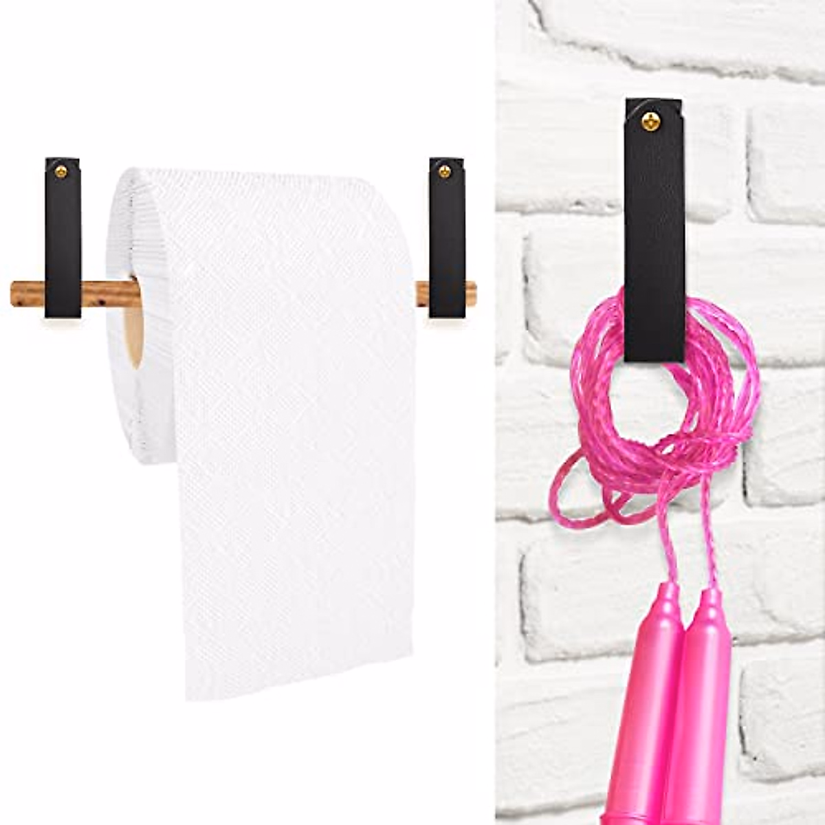 Abeillo 4 Pcs Leather Wall Hooks, Medium Leather Straps Hanger Towel Hook, Leather Strap Shelf Wall Hanging Strap Holder for Bathroom Kitchen Bedroom Nordic Boho Decor(Black)