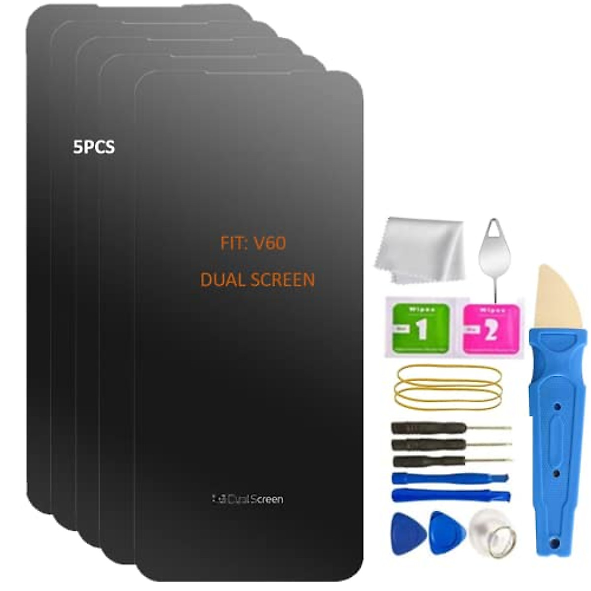 5Pcs V60 ThinQ Dual Screen Front Screen Glass Replacement with Pre- Installed Tape for The Case Cover for LG V60 ThinQ All Model +Tools