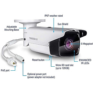 TRENDnet Indoor/Outdoor 5MP H.265 120dB WDR PoE Network Camera, TV-IP1313PI, IP67 Weather Rated Housing, Long-Range Enhanced IR Night Vision up to 80m (262 ft.), Micro SD Card Slot