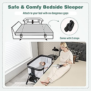 BABY JOY Bassinet Bedside Sleeper, Easy Folding Baby Crib w/All-Side Mesh, Storage Shelf, 7 Adjustable Heights, Mattress & Travel Bag for Safe Co-Sleeping, Portable Baby Bed for Newborn Infant -Black