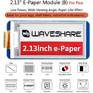 waveshare 2.13inch E-Paper Display Module(B) for Raspberry Pi Pico, 212×104 Pixels Red Black White Three Colors E-Ink Screen LCD SPI Interface Wide Viewing Angle Paper-Like Effect