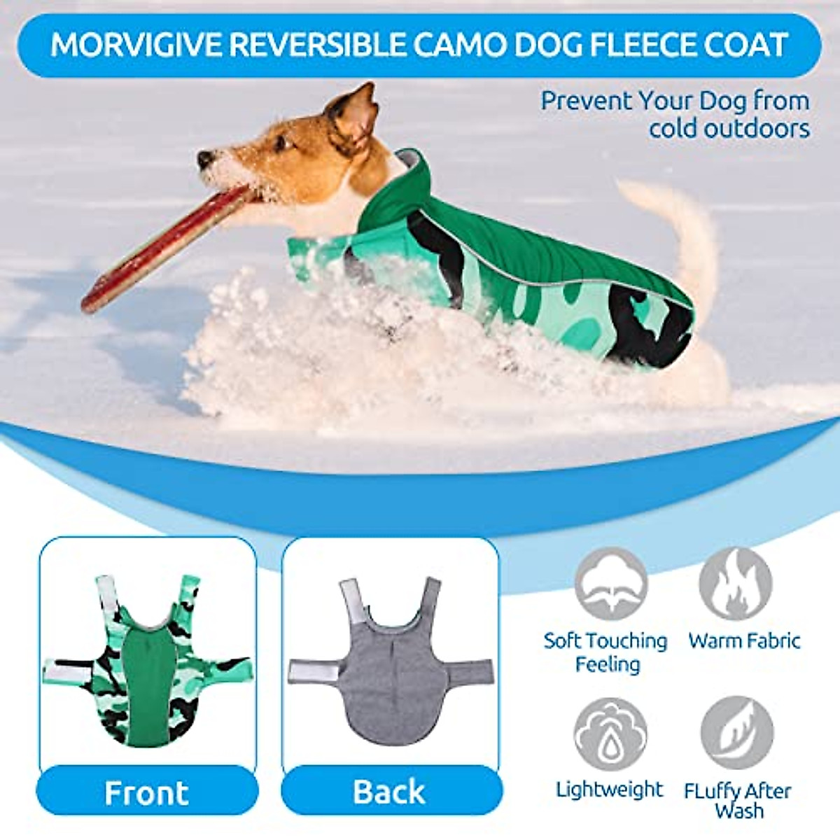 MORVIGIVE Camo Winter Dog Coat, Reversible Waterproof Dog Jacket Dog Cold Weather Coats, Warm Dog Puffer Jacket Reflective Dog Coat with Harness Built in for Small Medium Large Dogs