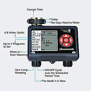 DEWENWILS Sprinkler Timer 2 Zone, Water Hose Garden Irrigation Timer with 4 Programmable Procedure and Low Battery Warning, Repeat Watering over Period, Faucet Controller with Rain Delay Mode for Lawn