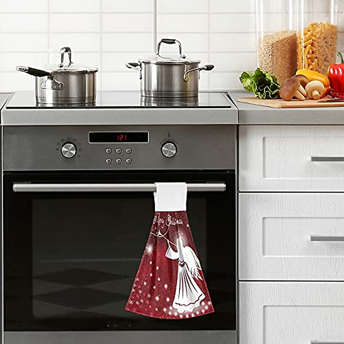 KOCOART Christmas Angel Kitchen Towels Merry Xmas Hanging Hand Towel for Bathroom with Loop, Soft Absorbent Coral Velvet Fingertip Dish Tie Towel Oven Handle Towel Set of 2