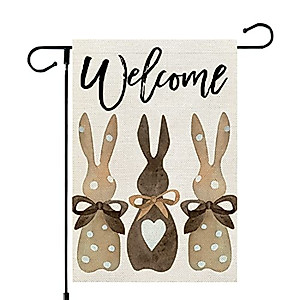 CROWNED BEAUTY Easter Bunnies Garden Flag 12x18 Inch Double Sided for Outside Burlap Small Polka Dots Brown Welcome Holiday Yard Flag CF718-12