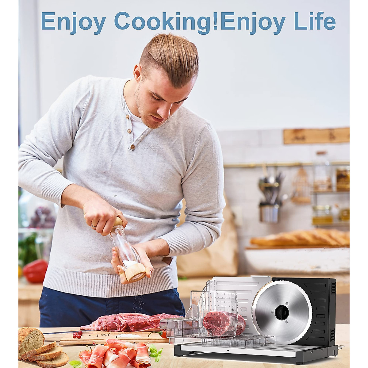 Meat Slicer, Electric Deli Meat Slicer for Home Facelle, 0-18mm Adjustable Thickness Electric Food Slicer Machine with Removable Stainless Steel Blades, Foldable and easy to store