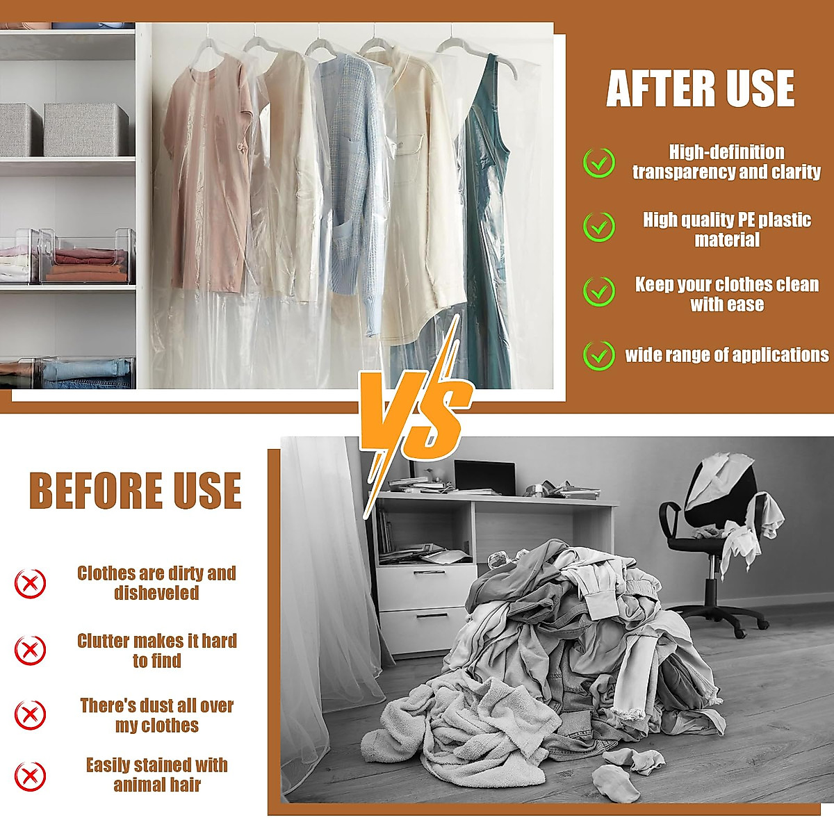 20 Pack Clear Garment Bags for Hanging Clothes, Dry Cleaner Bags, Plastic Garment Bags, Dry Cleaning Bags, Clear Plastic Bags for Clothes Cover, for Dry Cleaner Closet Storage Travel, 60x90cm