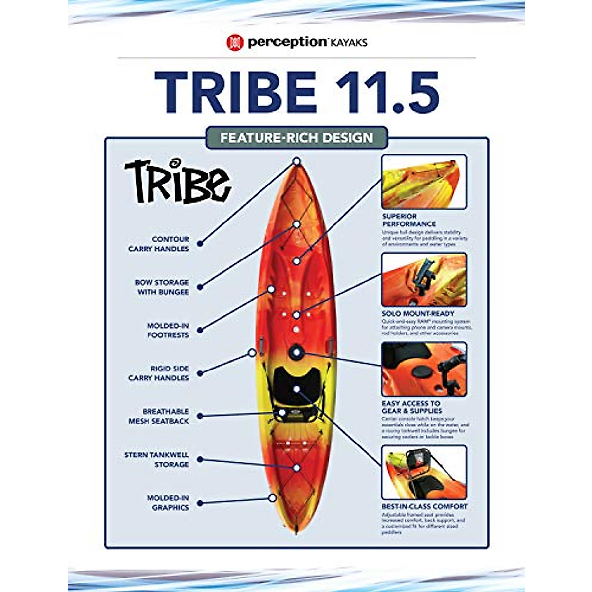 Perception Tribe 11.5 | Sit on Top Kayak for All-Around Fun | Large Rear Storage with Tie Downs | 11' 5" | Déjà vu