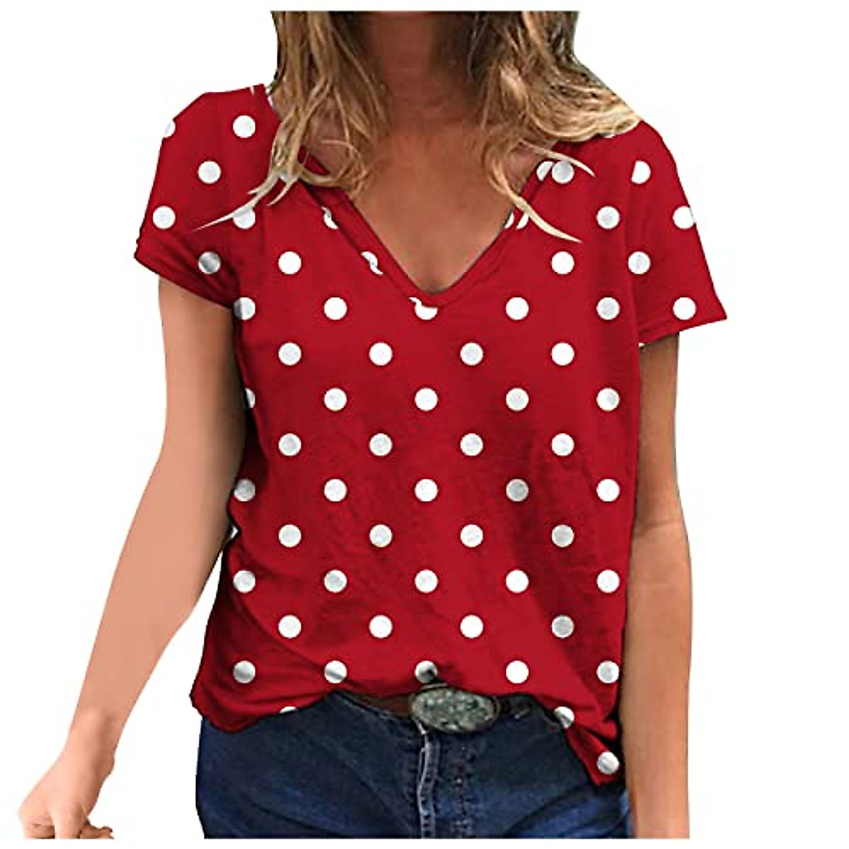 Cute Summer Tops for Women Polka Dots V Neck Short Sleeve Blouse Comfy Casual Regular Fit T Shirts 2024 Trendy Clothes Red