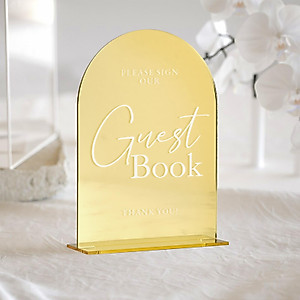 Acrylic Wedding Sign with Stand- 5"x7" Gold Mirror Arch Acrylic Guest Book Sign and Base,1/8" Thick | Modern Calligraphy White Lettering Acrylic Arch Sign for Wedding Reception & Party