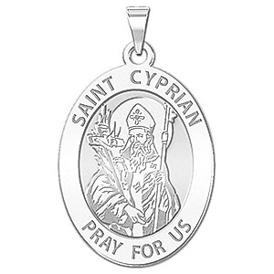 PicturesOnGold.com Saint Cyprian Oval Religious Medal - Solid 10k White Gold, 1/2 Inch X 2/3 Inch Size of Dime - Protection Jewelry Christian Gifts for Men & Women