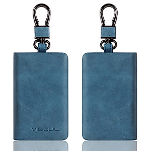 VISOUL Leather Car Key Fob Case Holder for Men and Women, Smart Keychain Protector with Metal Hook and Keyring, Zipper Case for House Keys (D01-Blue)