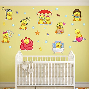 WOYINIS Cute Little Yellow Duck Wall Stickers Peel & Stick Little Yellow Duck and Bubbles Wall Stickers Set DIY Removable Summer Wall Decal Stickers Kids Room Playroom Bathroom Decor