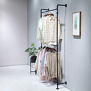 Industrial Pipe Clothes Rack, Wall Mounted Black Iron Garment Bar, Multi-Purpose Hanging Rod for Closet Storage (Black)