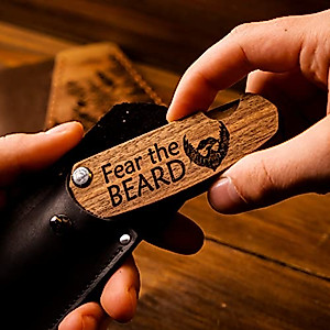 Wooden Beard Comb for Men Folding Pocket Comb for Moustache Beard & Hair Walnut Combs with the Engraving (Fear The Beard)