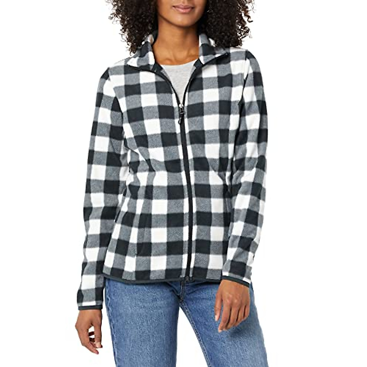 Amazon Essentials Women's Classic-Fit Full-Zip Polar Soft Fleece Jacket (Available in Plus Size), Black White Mini Buffalo Plaid, Medium
