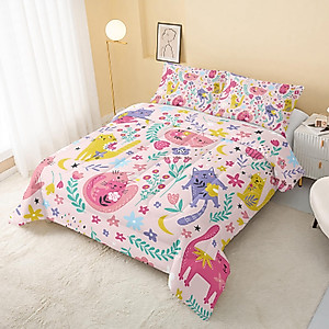 QOOMO Floral Cat Comforter Twin Size,Pink Cat Comforter Set for Kids Teens Girls,3Pcs Bedding Set Printed Comforter with 2 Pillowcases,Down Alternative,Soft and Lightweight(Pink，Twin Size)