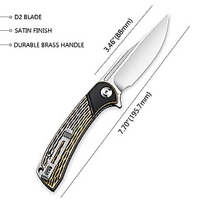 CIVIVI Dogma Flipper Pocket Knife, Satin Finish D2 Blade,Brass Handle, Liner Lock, Ball Bearings Pivot,Utility Knife With Reversible Clip For Edc Outdoor Carry C2014A