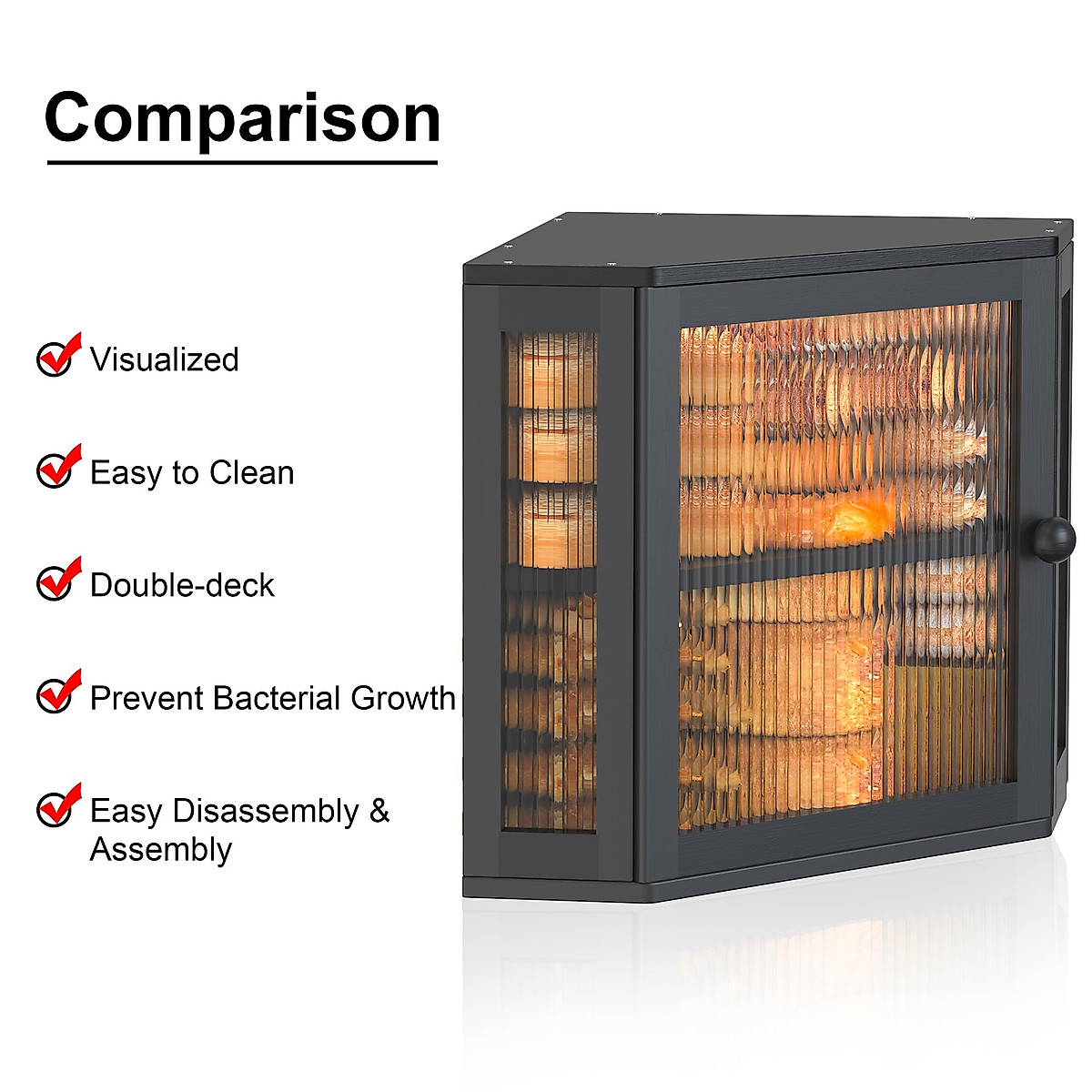 Corner Bread Box Extra Large Bamboo Wood Bread Box for Kitchen Countertop - Double Bread Container with Adjustable Height - Modern Black Easy To Assemble