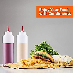BOTTLIFY 16oz Squeeze Bottles with Red Cap-Pack of 2 Wide Mouth, Leak Proof Refillable Condiment Container for Kitchen Use