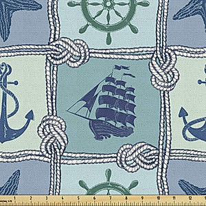 Lunarable Ship Fabric by The Yard, Nautical Themed Art Marine Starfish Wheel Anchor and Vessel Sailor's Knot, Decorative Fabric for Upholstery and Home Accents, 2 Yards, Teal Blue