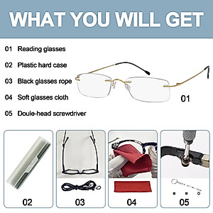 OCCI CHIARI Gold Blue Light Reading Glasses for Men Titanium Frameless Readers 2.0X Lightweight(1.0 1.25 1.5 1.75 2.0 2.25 2.5 2.75 3.0 3.5 4.0 5.0 6.0)