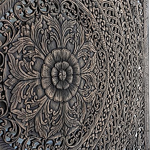 Moroccan King Wood Carved Headboard, Reclaimed Wall Art Hanging in Teak, Wooden Panels Handcrafted from Thailand, Rustic Black Finish, 80 inches