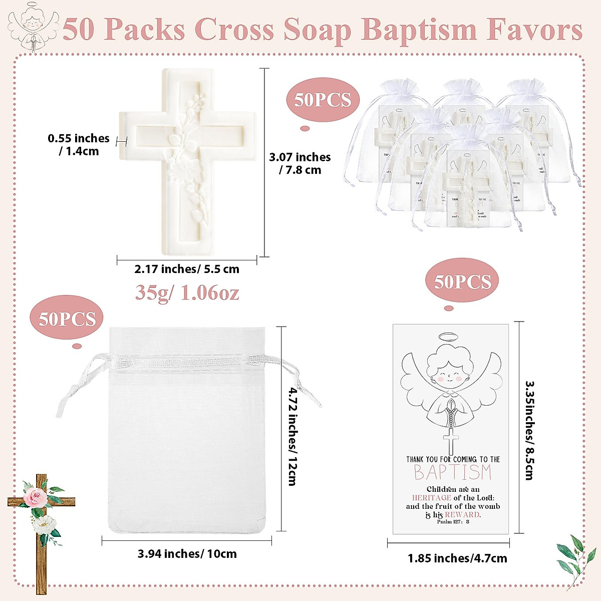 Swiffen 50 Sets Baby Shower Baptism Favors Set Cross Soap with Greeting Cards Organza Bag Scented Soap Favors Christening Communion Baptism Party Favors for Guests Party Gender Reveal Gift