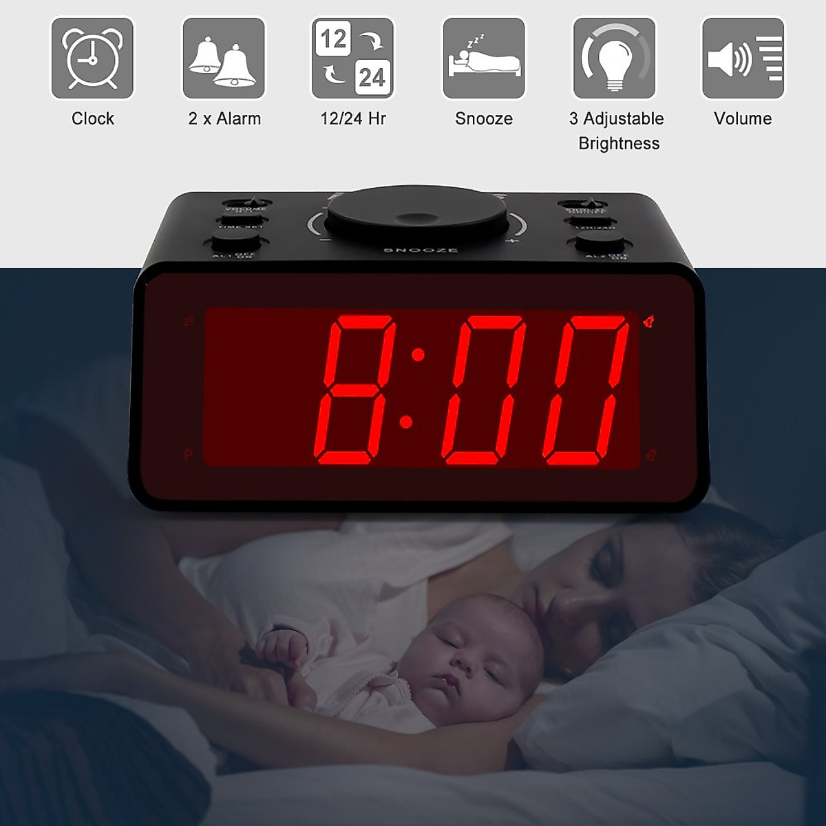 Alarm Clocks for Bedrooms with 3 Adjustable Brightness, Digital Alarm Clock for Heavy Sleepers Adults with Snooze, Digital Clock Large Display for Bedside, Loud Alarm Clock with Battery Power