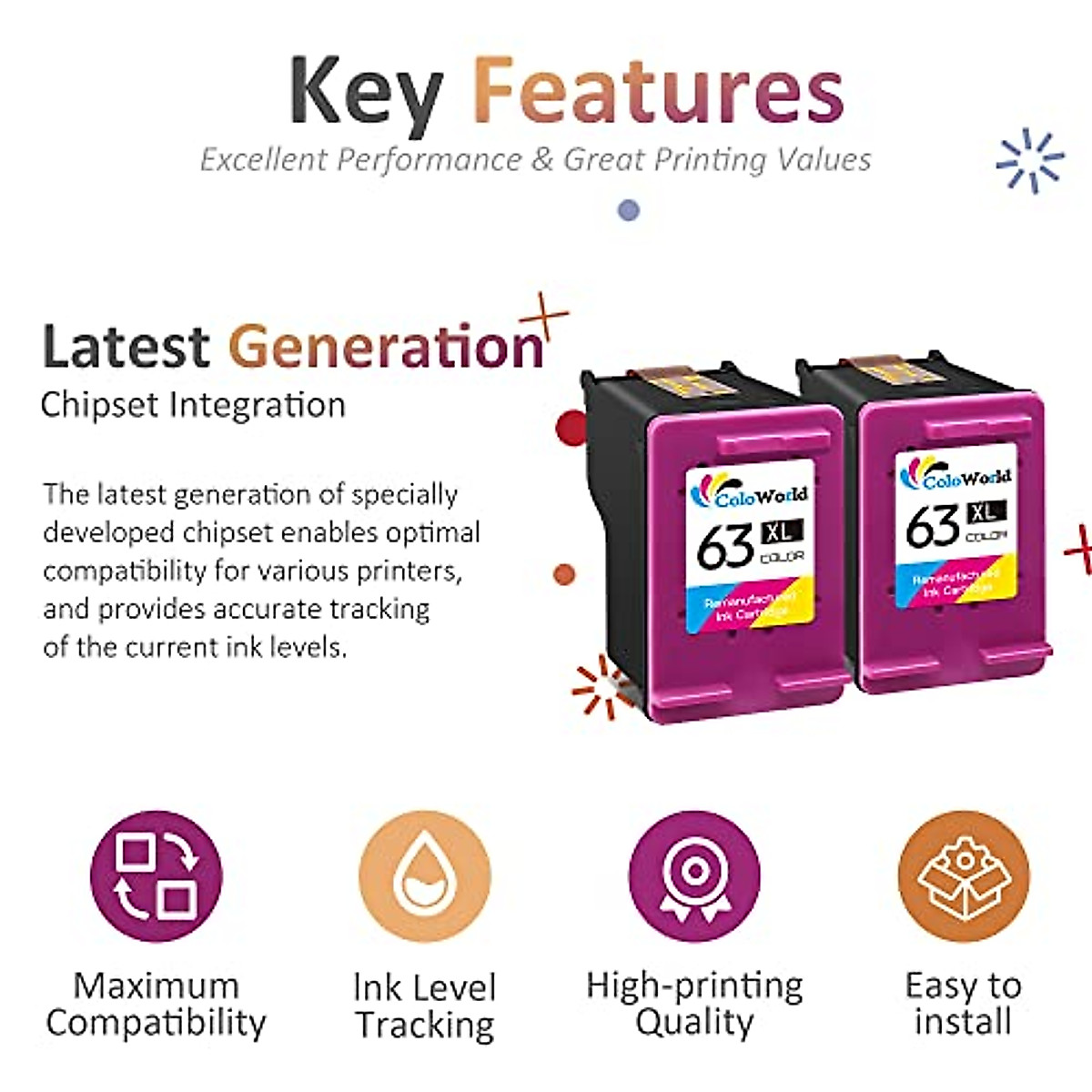 ColoWorld Remanufactured Ink Cartridge Replacement for HP 63XL 63 XL Work with Envy 4520 3634 OfficeJet 3830 3831 5252 4650 5258 5255 DeskJet 3636 3630 1112 1110 3637 3639 Printer (2 Color)