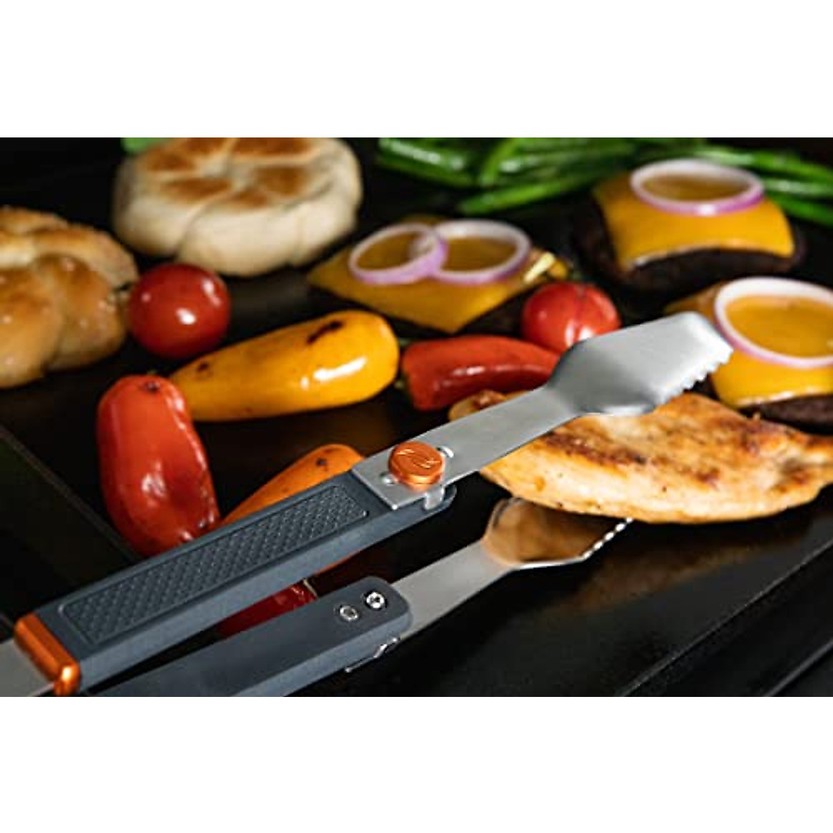 Blackstone 5294 Foldable 2 Piece Hamburger Spatula Flipper and 1 BBQ Tong-Flex Fold Model Stainless Steel-Easy to Carry and Clean Griddle Accessories Tool Set, Black, Orange