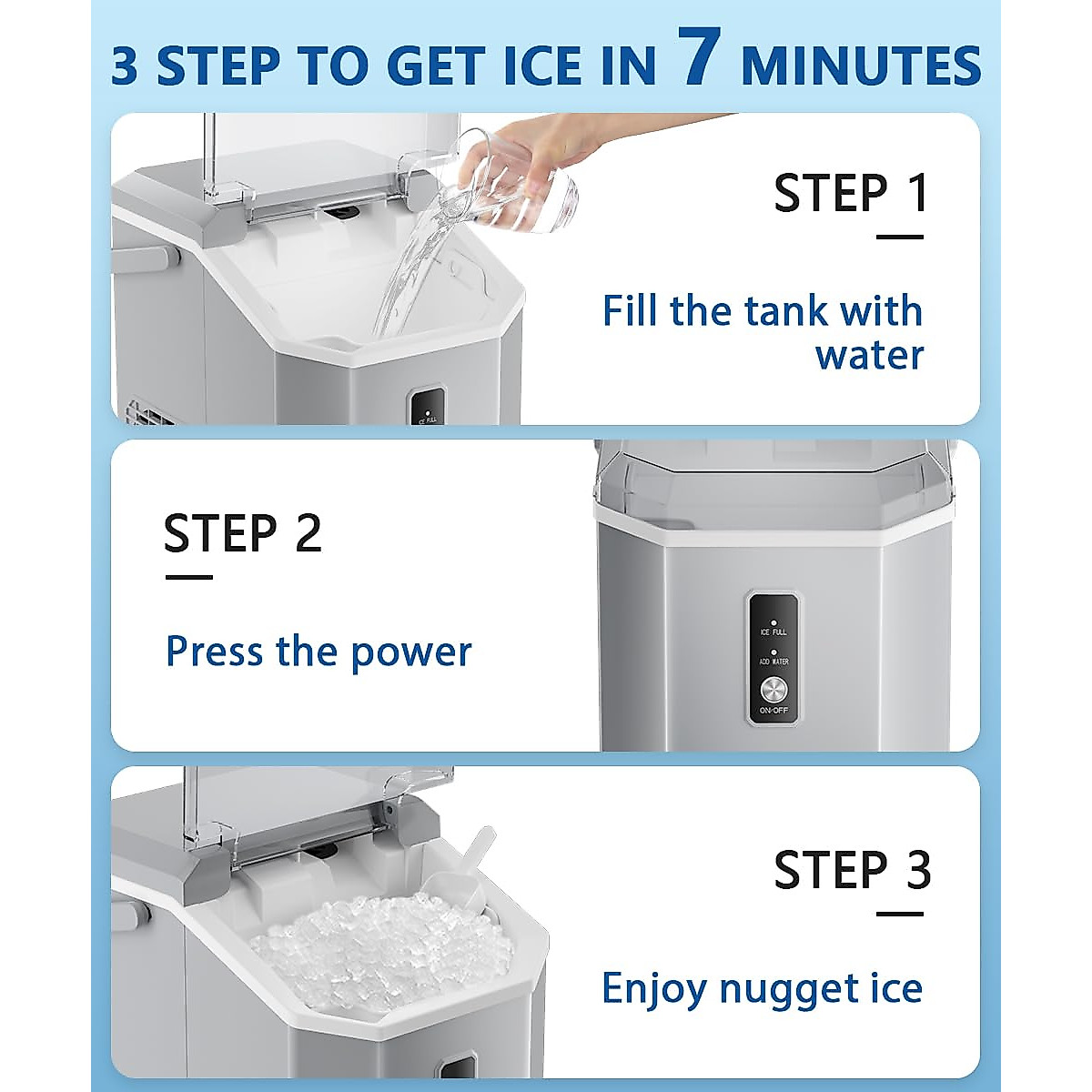 Joy Pebble Nugget Ice Maker, 10,000pcs/33lbs/Day, Portable Handheld Nugget Ice Maker Machine with Handle, Ice Makers Countertop Self-Cleaning, Ice Scoop and Basket, for Home/Office/Party, Silver
