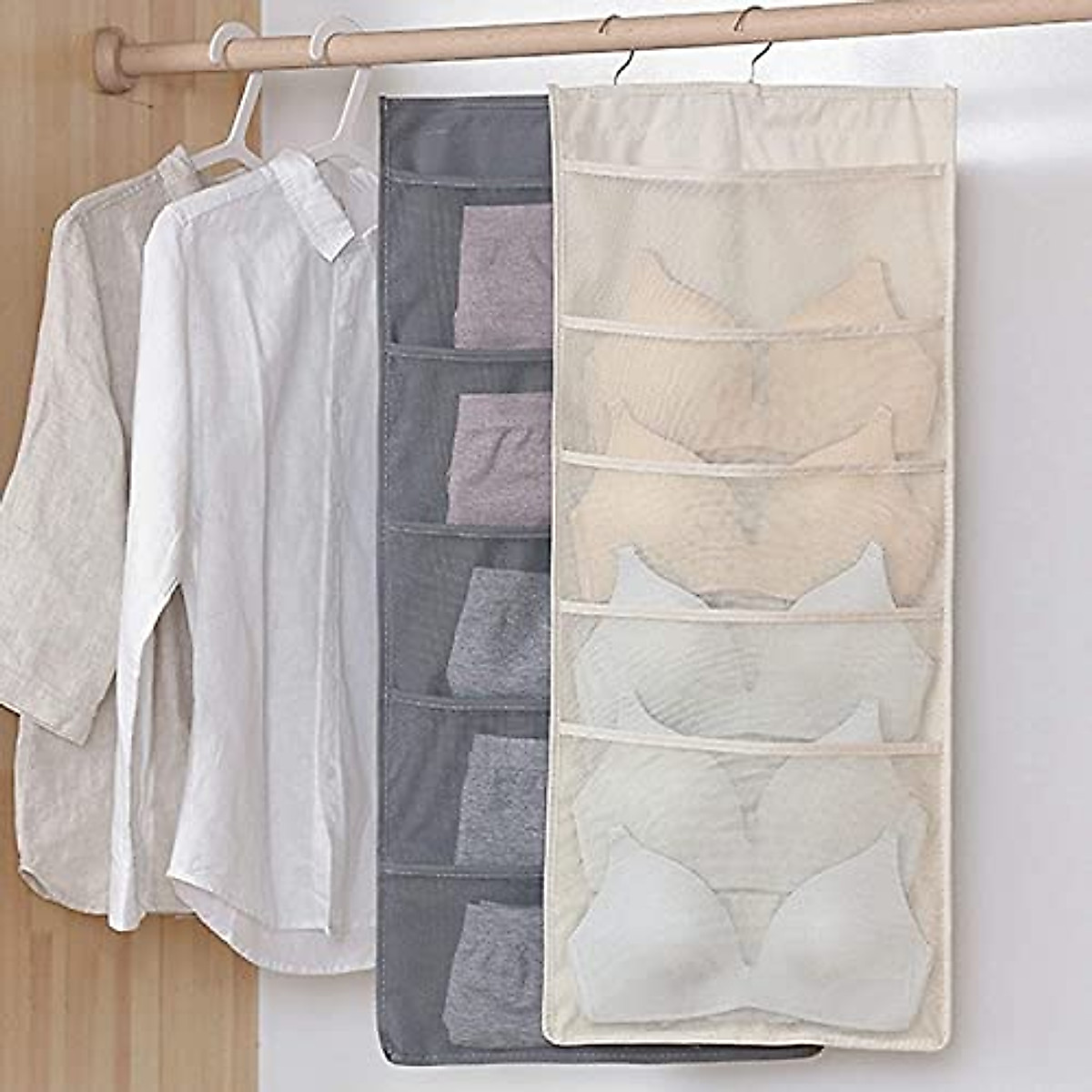 ST-BEST-P Bra and Underwear Hanging Storage Organizer Mesh Pockets Dual Sided Wall Shelves Space Saver Bag Sock Underpants Drawer Closet Clothes Rack (Beige:(6+18 Pockets))