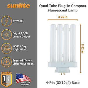 Sunlite FML27/65K Quad Tube Plug-in Compact Fluorescent Lamp, FML 4-Pin, 27 Watts, 1500 Lumens, 6500K Daylight, 4-Pin (GX10q4) Base, 120 Volts, 1 Pack
