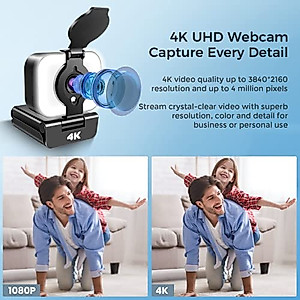 4K Webcam, USB Webcam with Microphone Privacy Cover UHD Built-in Ring Light Streaming Webcams for PC/MAC/Laptop, Plug and Play Web Camera for Video Calling, Study, Gaming, Online Classes, Conference