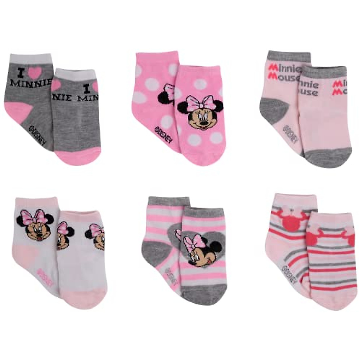 Disney Baby Girls Socks - 12 Pack Soft Newborn Baby Socks Character Prints - Cute Newborn and Infant Socks, 0-24M, Size 12-24 Months, Minnie Mouse Pink/Grey