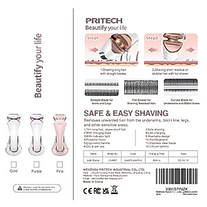 PRITECH Electric Shaver for Women - Cordless Ladies Shaver, Lady Razor for Legs, Arm, Underarms, Bikini, USB Rechargeable Razor Wet & Dry Waterproof Razor for Woman