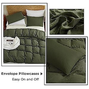 ATsense Duvet Cover King Size, 100% Washed Microfiber Like Washed Cotton Super Soft and Breathable, 3 Piece Olive Green Comforter Cover Bedding Set, Simple Style Farmhouse Quilt Cover