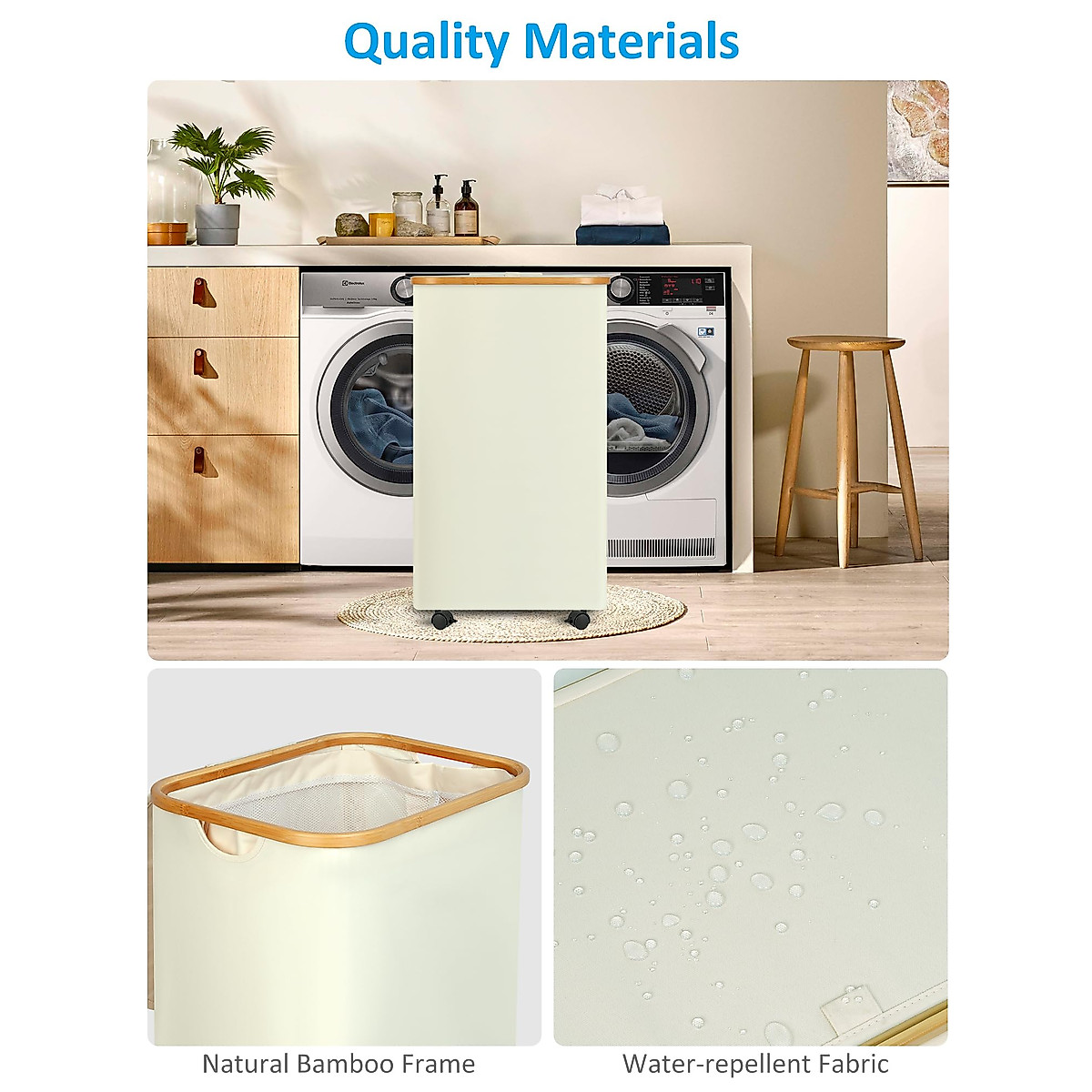 efluky Laundry Hamper with Wheels, Rolling Laundry Hamper with Lid and Removable Bag, Collapsible Dirty Clothes Hamper with Wheels for Laundry Room, Bedroom & Bathroom, 100L (26.4 Gallon) Beige