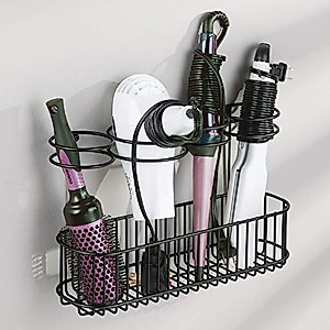 mDesign Metal Wire Cabinet/Wall Mount Hair Care & Styling Tool Organizer - Bathroom Storage Basket for Hair Dryer, Flat Iron, Curling Wand, Hair Straightener, Brushes - Holds Hot Tools - Matte Black
