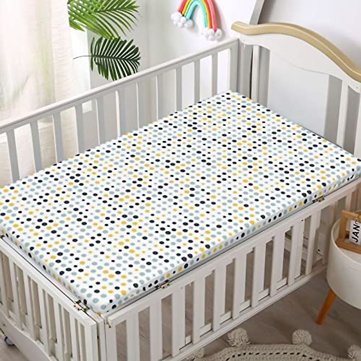 Polka Dot Themed Fitted Mini Crib Sheets,Portable Mini Crib Sheets Soft Toddler Mattress Sheet Fitted-Baby Sheet for Boys Girls,24“ x38“,Dark Slate Blue Mustard Pale Blue Grey White