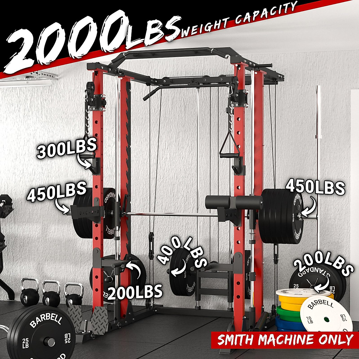 ER KANG Smith Machine, 2000LBS Strength Training Power Cage with Smith Bar and LAT Pull Down System, Multi-Function Linear Bearing Cable Crossover Machine for Home Gym, 2×3”, Red