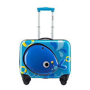 GinzaTravel 3D Little Whale Cute Children's Luggage Sit and Ride Trolley Case 18-inch Universal Wheel Travel Case for Boys and Girls