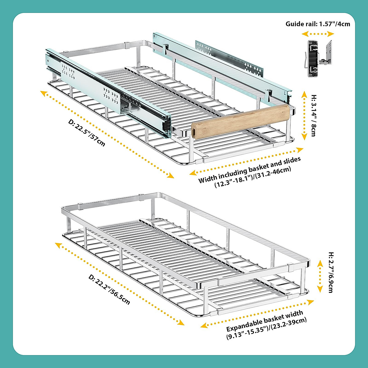 FESDOS Roll-Out Extendable Sliding Basket Pull-Out Cabinet Organizer Slide Out Pantry Shelves Cabinet Shelves for Kitchen, Under Sink, Bathroom, Wardrobe, Opening Size Required 12.3"-18.1", Set of 2