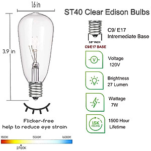 GOOTHY ST40 Edison Replacement Bulbs, 7 Watt E17 Intermediate Screw Base Clear Edison Light Bulbs ST40 Replacement Bulbs for Outdoor String Lights, C9 Incandescent Light Bulbs, Warm White-10 Pack