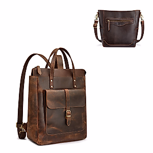 S-ZONE Women Genuine Leather Backpack Bundle with Retro Bucket Bag Vintage Crossbody Purse with Outer Pocket