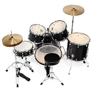 Ashthorpe 5-Piece Full Size Adult Drum Set with Remo Heads & Premium Brass Cymbals - Complete Professional Percussion Kit with Chrome Hardware - Black