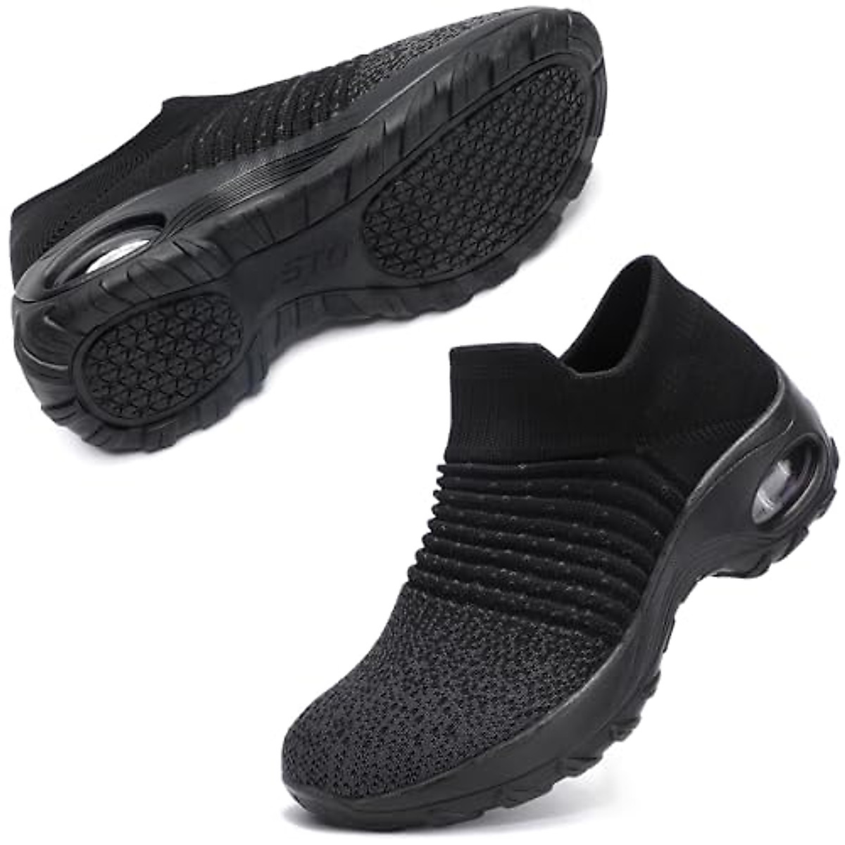 STQ Womens Slip on Walking Shoes Breathable Non Slip Work Shoes Comfortable Air Cushion Orthopedic Sneakers with Arch Support Black Mix 8