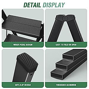 HBTower 2 Step Ladder, Aluminum Ladder, Folding Step Stool for Adults, 330LBS Capacity Sturdy& Portable Ladder for Home Kitchen Library Office, Black